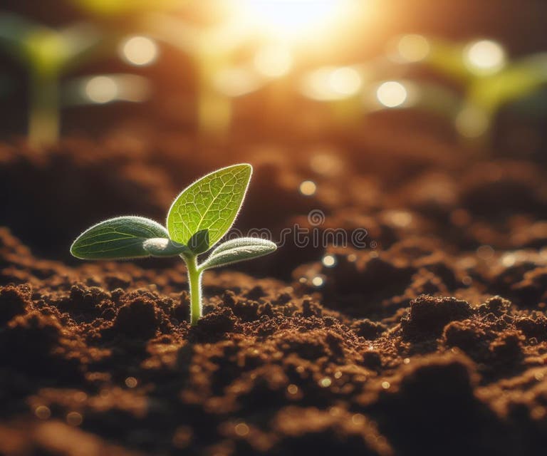 Young Plant Springing Up Out of the Soil the Sun Shines Stock ...
