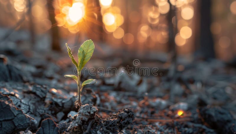 Young Plant Sprouting from the Ashes at Sunrise Stock Illustration ...