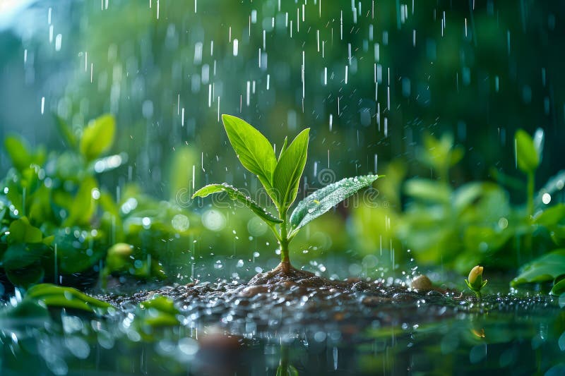Young Plant Sprouting in Rainy Environment with Water Drops Falling on ...