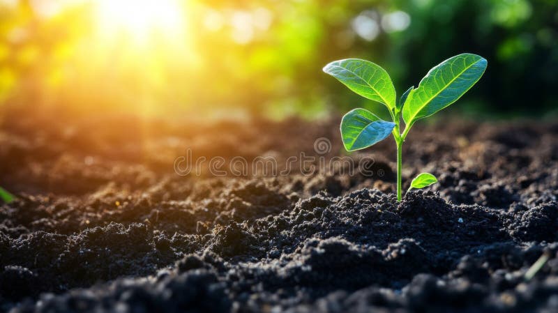 A Young Plant Sprouting through Rich Soil in Warm Sunlight Stock ...