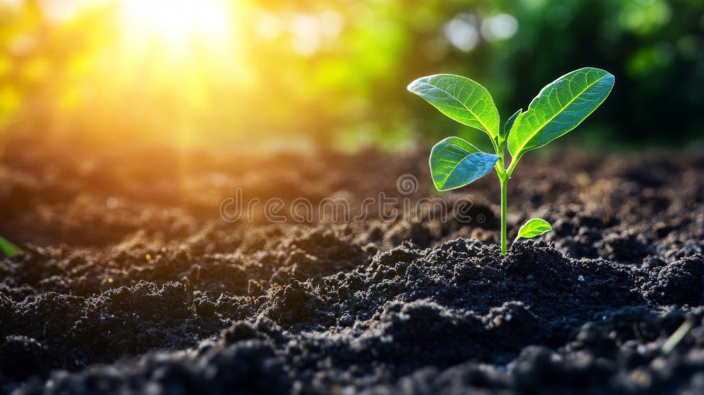 A Young Plant Sprouting through Rich Soil in Warm Sunlight Stock ...