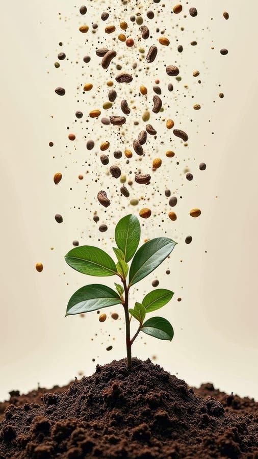 Young Plant Sprouting from Soil with Falling Seeds Stock Photo - Image ...