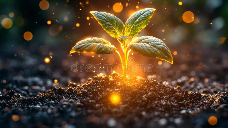 Young Plant Sprouting in Sunlight with Glowing Particles Around ...