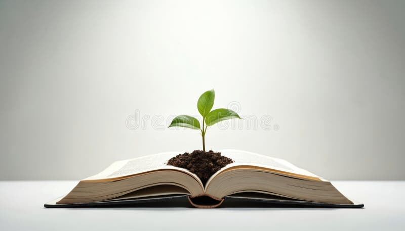 Young Plant Sprouts from Open Book in Soil. Knowledge Growth, Education ...