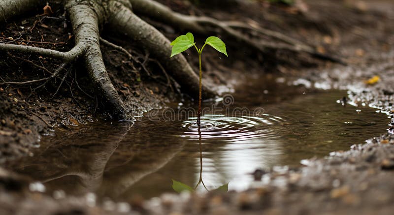 Tiny Sprout Emerging from Puddle, a Symbol of Resilience. Stock ...