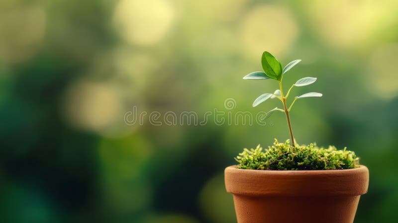 Young Plant in Terracotta Pot with Moss, Growth and Nature Concept ...