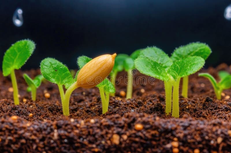 Young Plants Emerging from Soil with Seed in Focus Stock Photo - Image ...