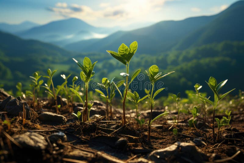 Young Plants Grow in a Field Against a Backdrop of Mountains Stock ...
