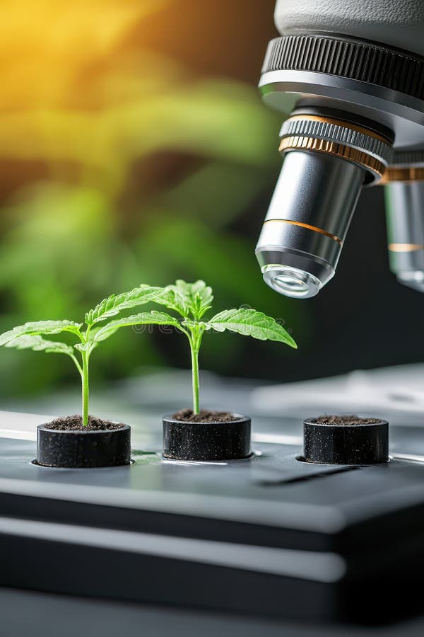 Young Plants Growing in a Lab Setting with a Microscope Observing the ...