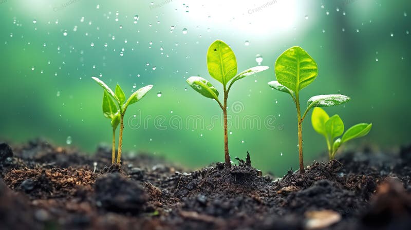 Young Plants Growing Up on Ground with Raining Drop, Save Wold and ...
