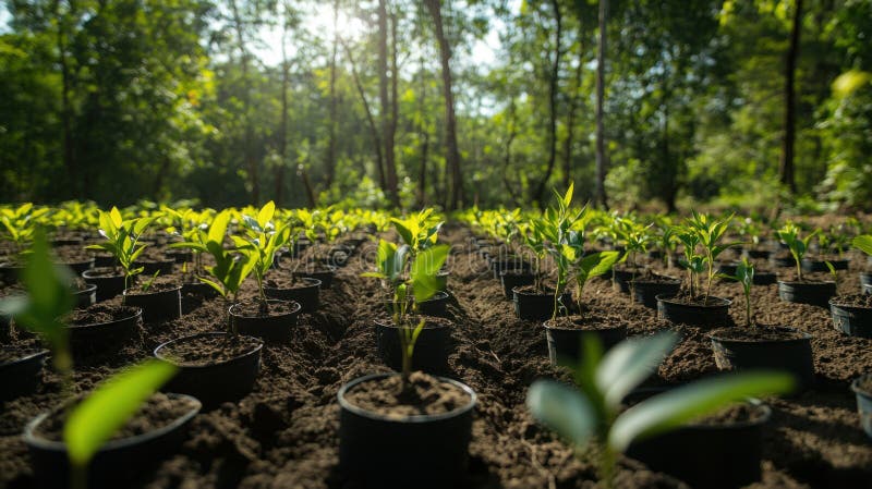 Young Plants in Pots in Sunlit Forest Nursery. Net Zero and Carbon ...