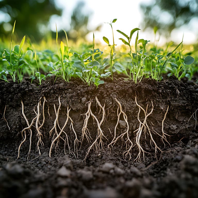 Young plants roots in soil stock image. Image of growth - 378374189