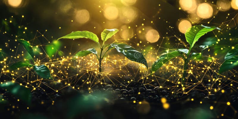 Young Plants Sprout with Glowing Data Nodes and Connections ...