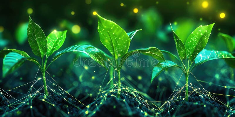 Young Plants Sprout with Glowing Data Nodes and Connections ...