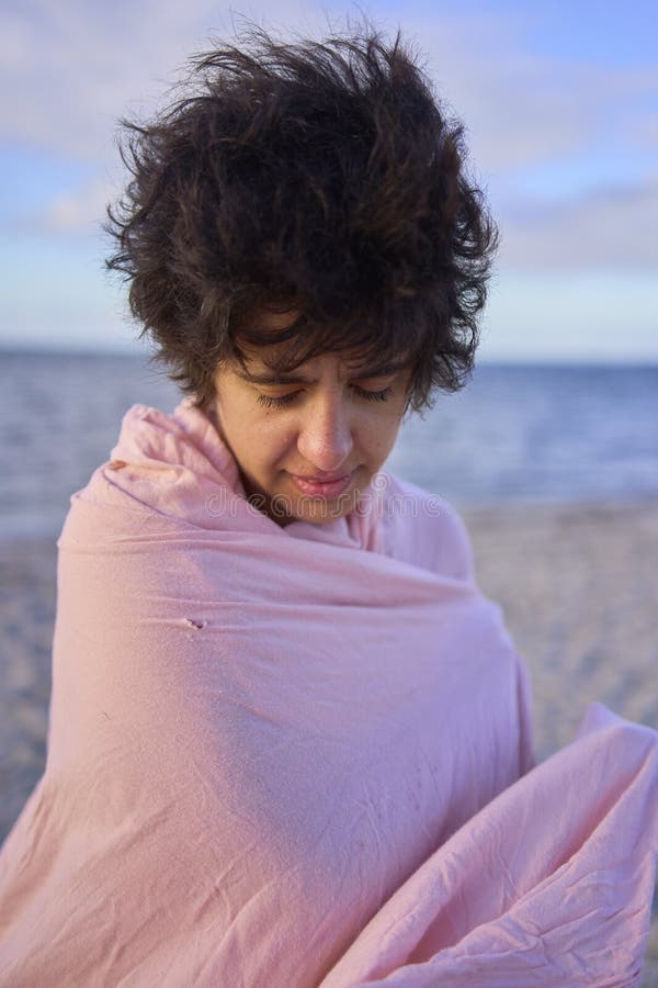 Young Plus Size Woman Changes Clothes after Winter Sea Swimming Stock ...