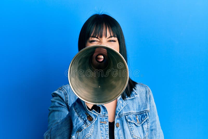 Young Plus Size Woman Shouting Using Megaphone Stock Photo - Image of ...