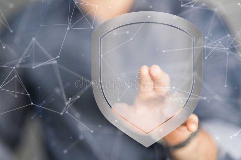 Young Pointing at a Digital Glass Shield. the Concept of Cyber Security ...