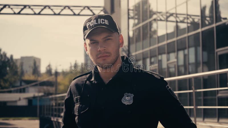 Young Policeman in Cap with Lettering Stock Photo - Image of uniform ...
