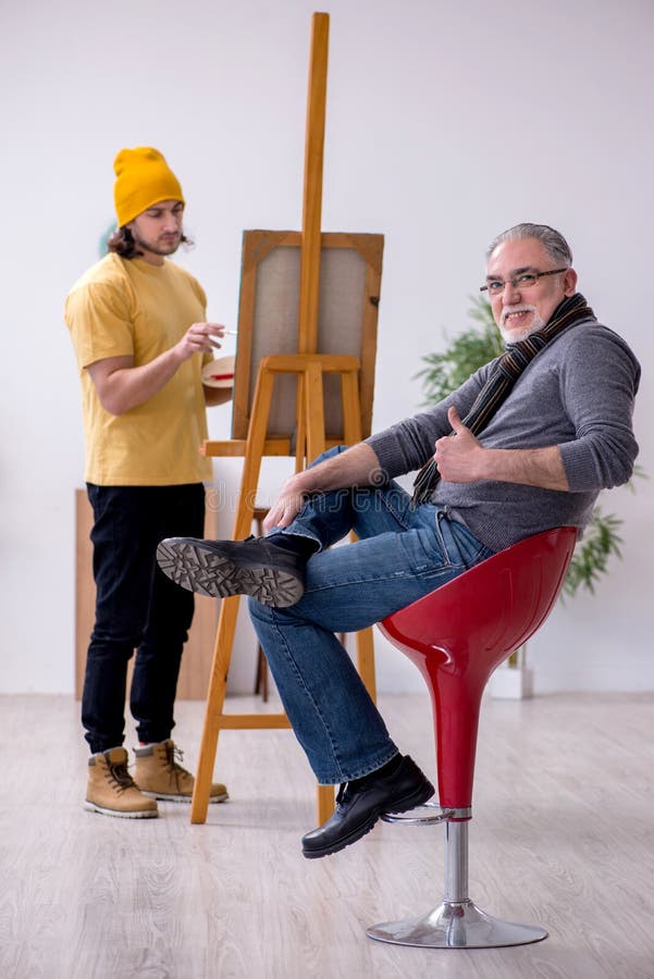 Young Portraitist and Old Male Model Stock Image - Image of paintings ...
