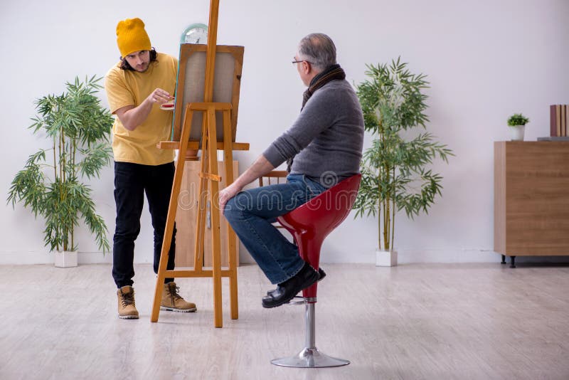 Young Portraitist and Old Male Model Stock Photo - Image of paintings ...