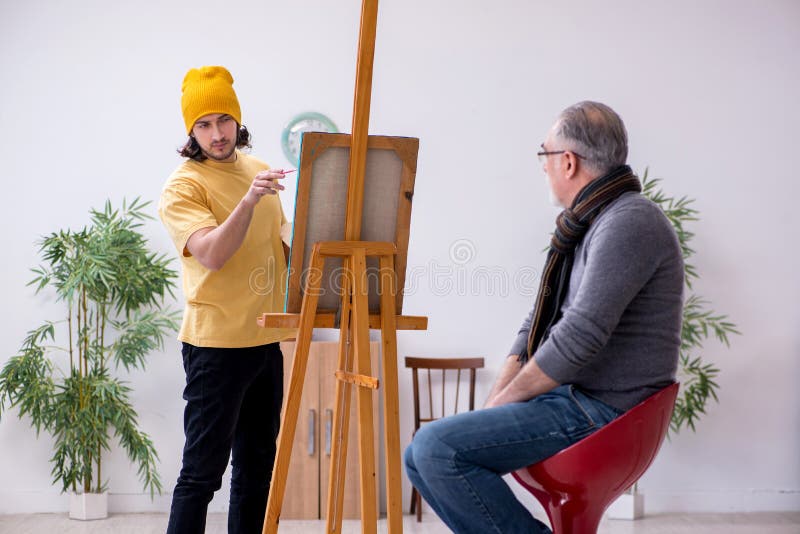 Young Portraitist and Old Male Model Stock Image - Image of model ...