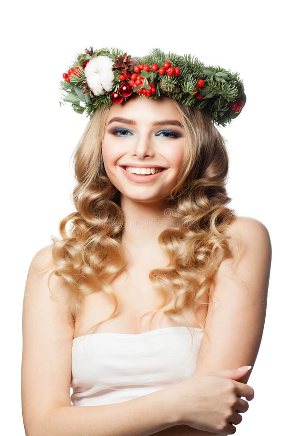 Young Positive Woman Christmas Model Isolated on White Stock Photo ...