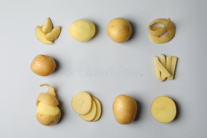 Young Potato on Grey Background, Top View Stock Image - Image of pile ...