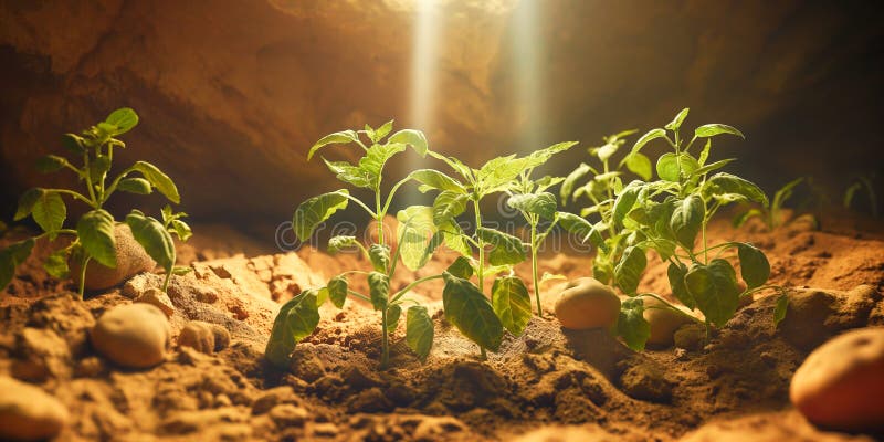 Young Potato Plants Growing in Warm Soil Under Sunlight Rays Stock ...