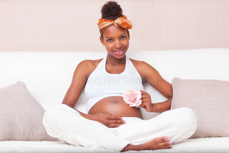 Young Pregnant Black Woman Touching Her Belly African People Stock