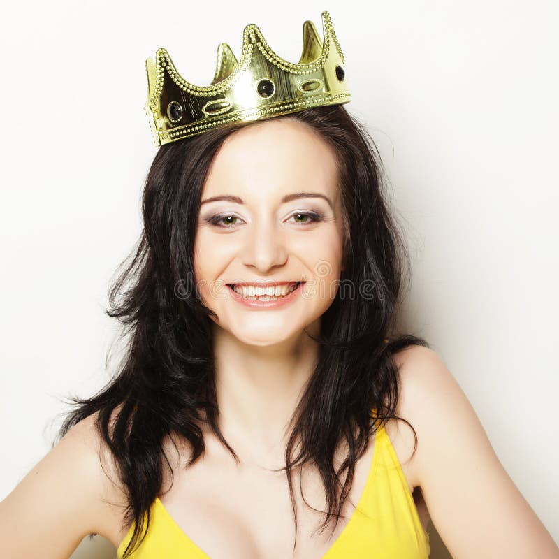 Pretty Brunette Woman Wearing Crown Stock Image - Image of joyful ...