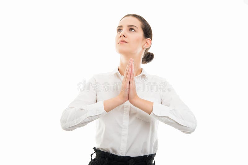 Young Pretty Business Woman Looking Up Showing Praying Gesture Stock ... Young Pretty Business Woman Looking Up Showing Praying Gesture Stock ...