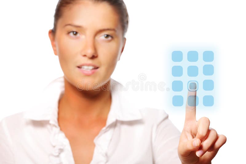 Young Pretty Businesswoman Touching the Button Stock Photo - Image of ...