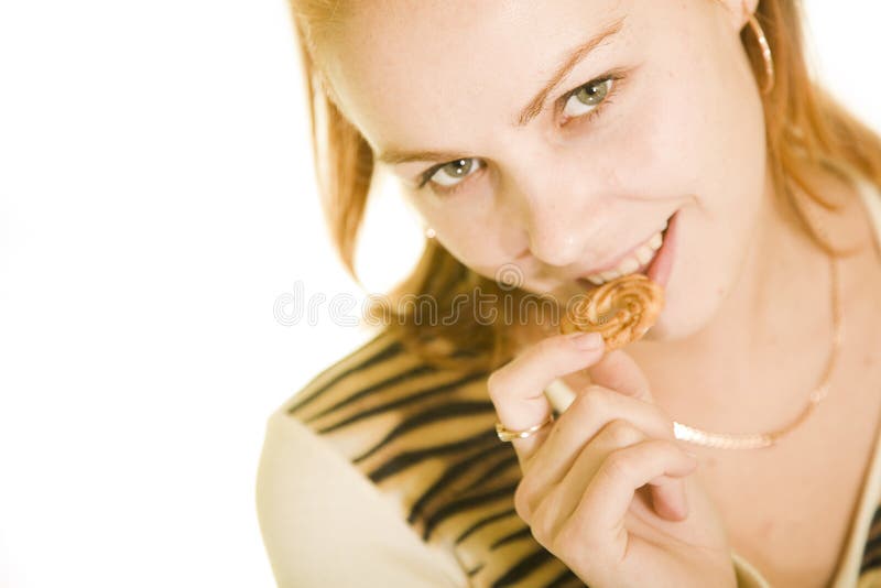 Young Pretty Girl Bites a Cake Stock Image - Image of dessert, crunch ...