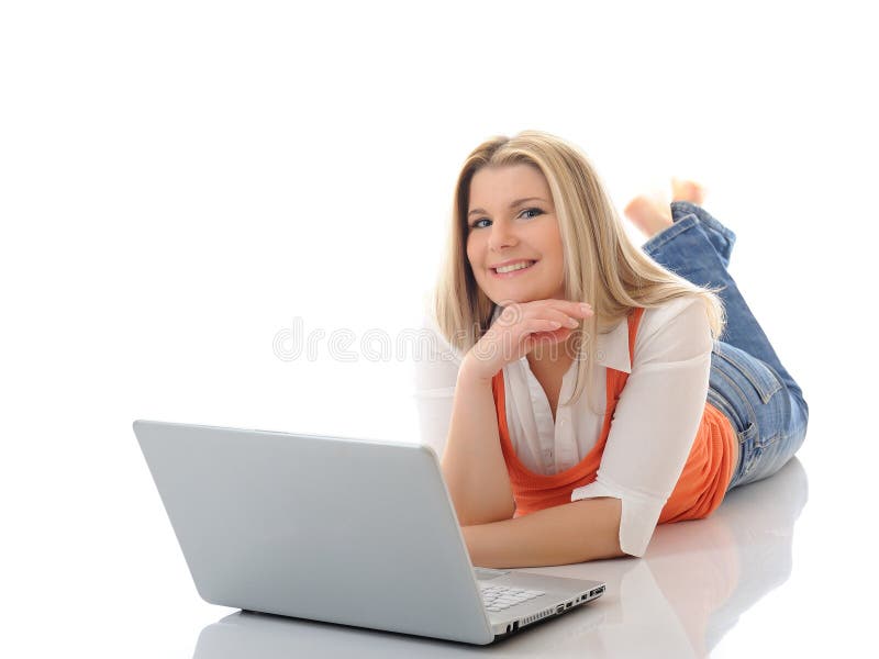 Pretty Blond Girl with Laptop in Her Home Stock Photo - Image of ...