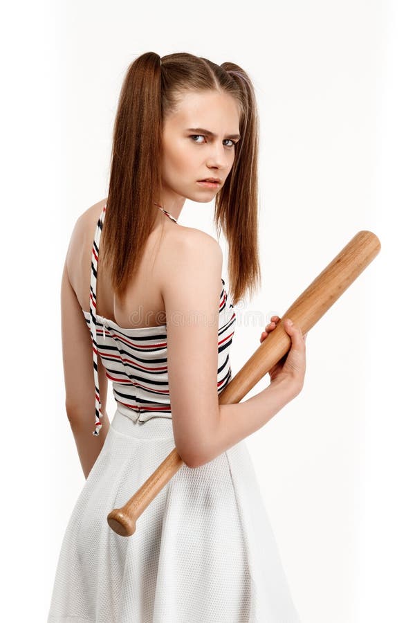 Young Pretty Girl Posing with Bat, Isolated on White Background. Stock ...