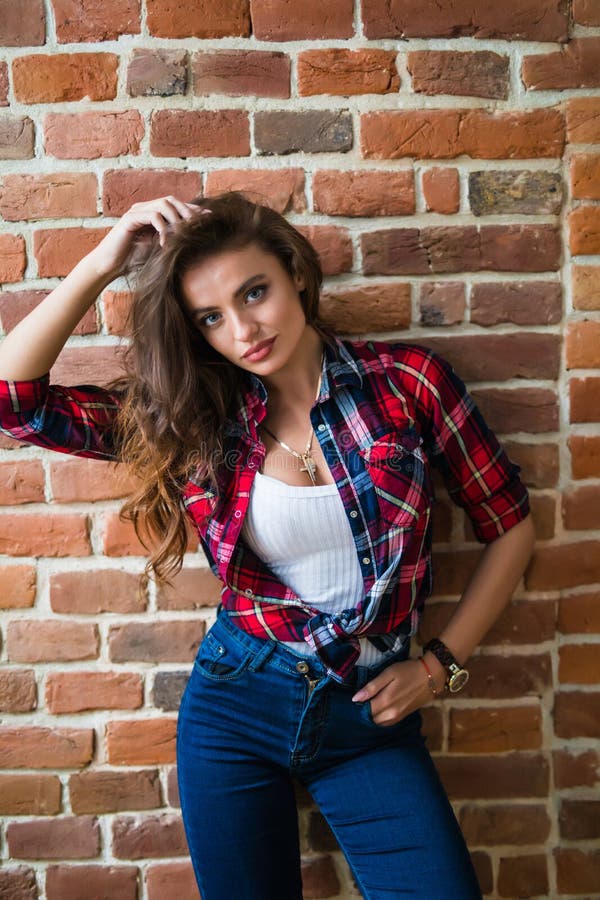 Young Pretty Hipster Girl Posing on Brick Wall Stock Image - Image of ...