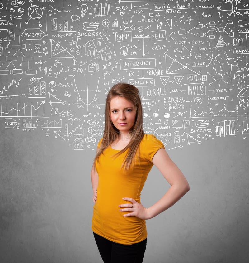 Young Pretty Lady with Hand Drawn Calculations and Icons Stock Photo ...
