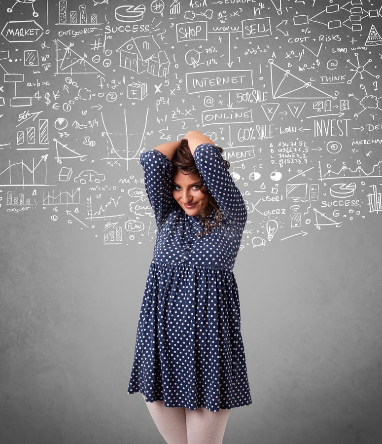 Young Pretty Lady with Hand Drawn Calculations and Icons Stock Image ...