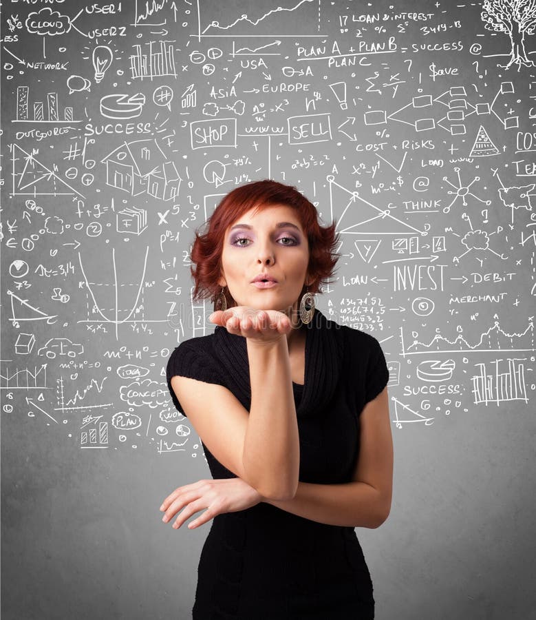 Young Pretty Lady with Hand Drawn Calculations and Icons Stock Image ...