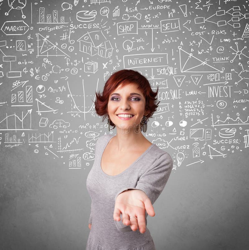 Young Pretty Lady with Hand Drawn Calculations and Icons Stock Image ...