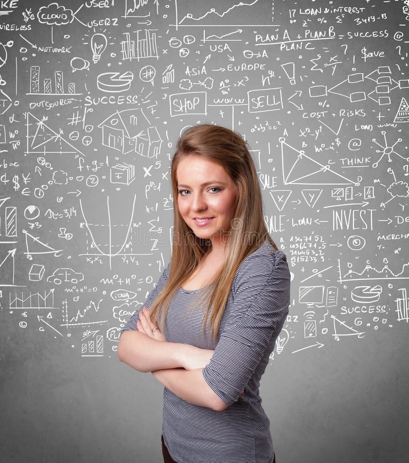 Young Pretty Lady with Hand Drawn Calculations and Icons Stock Image ...