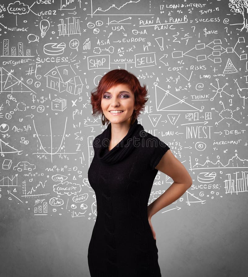 Young Pretty Lady with Hand Drawn Calculations and Icons Stock Photo ...