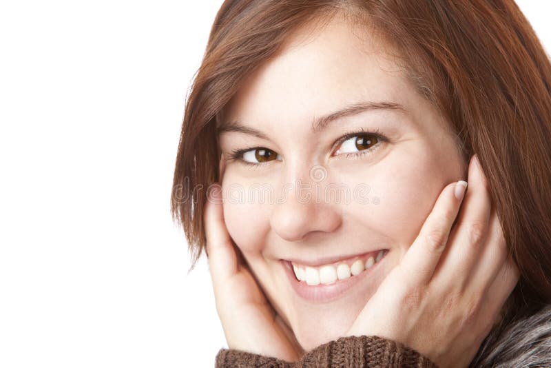 Young, Pretty Smiling Woman with Hands on Face Stock Photo - Image of ...