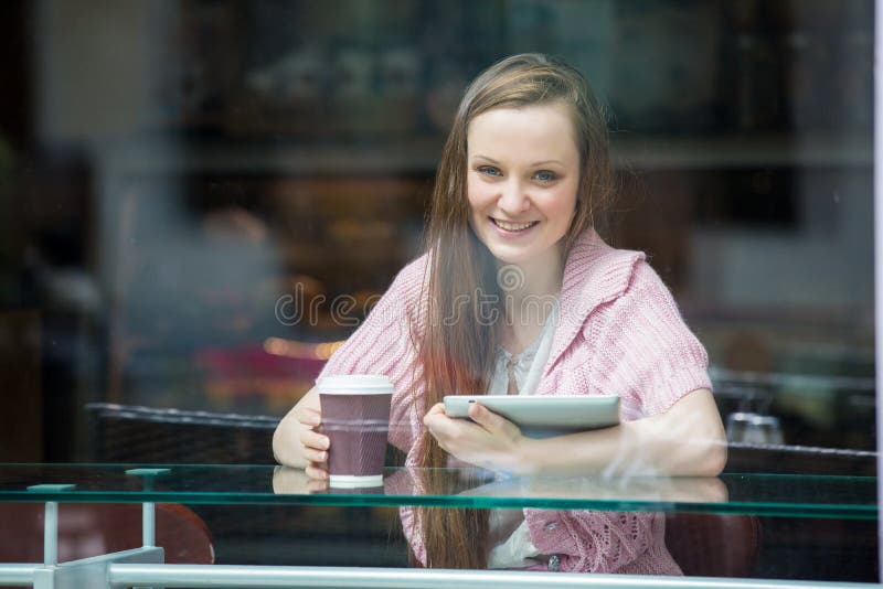 Young Pretty Woman Drinking Coffee in Cafe Stock Image - Image of ...