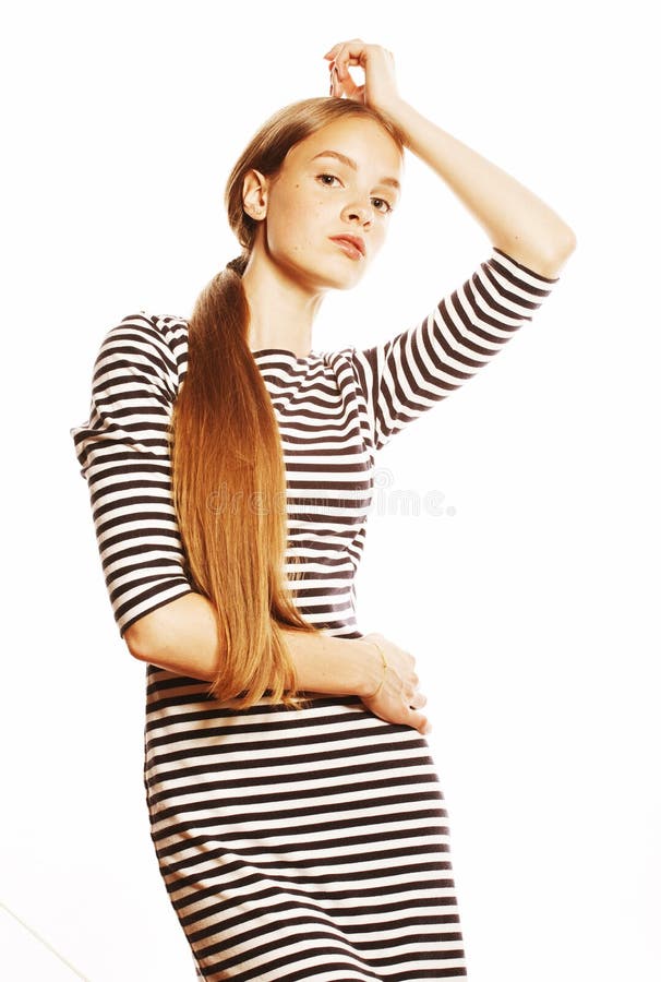 Young Pretty Woman In Elegant Strip Dress Isolated On White Stock Image