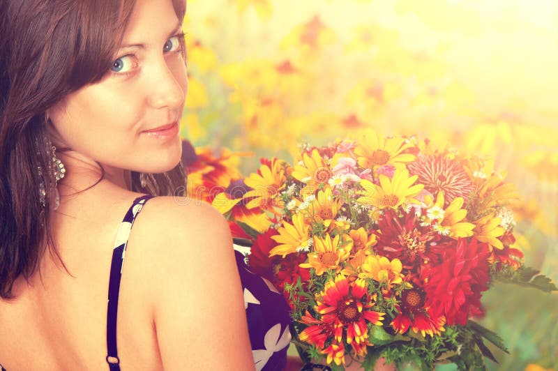 Young Pretty Woman With Flowers Stock Image Image Of Garden Careless