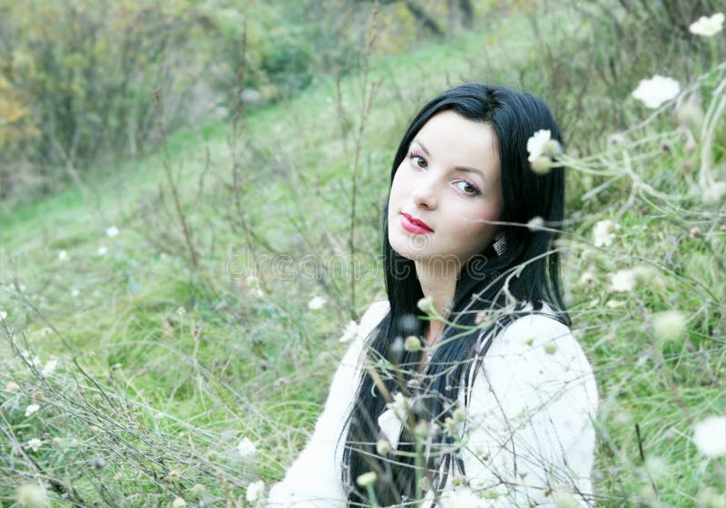 Young Pretty Woman in Grass Portrait Stock Image - Image of meditating ...