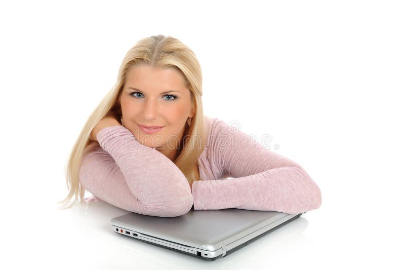 Pretty Blond Girl with Laptop in Her Home Stock Photo - Image of ...
