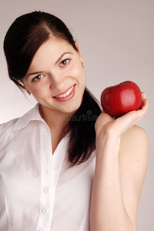 Young Pretty Woman with Red Apple Stock Image - Image of healthy, diet ...