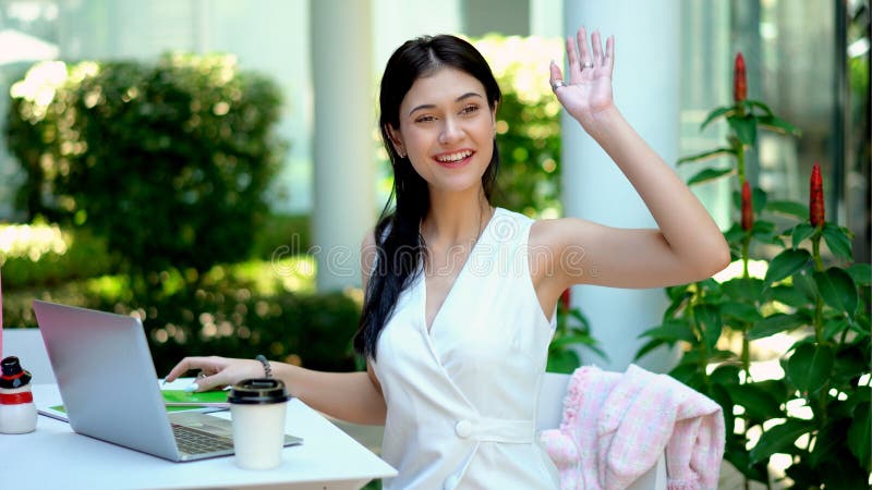 The Pretty Woman Is Waving A Hand In Greeting Stock Image Image Of
